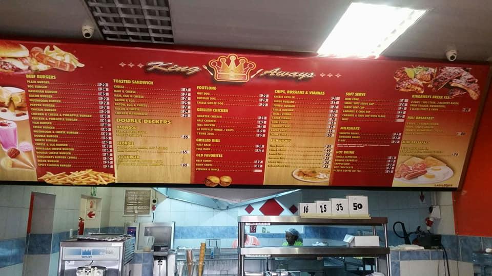 Menu at King Aways restaurant, Bronkhorstspruit