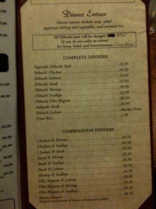 Menu at Shinto Japanese Restaurant, Lafayette
