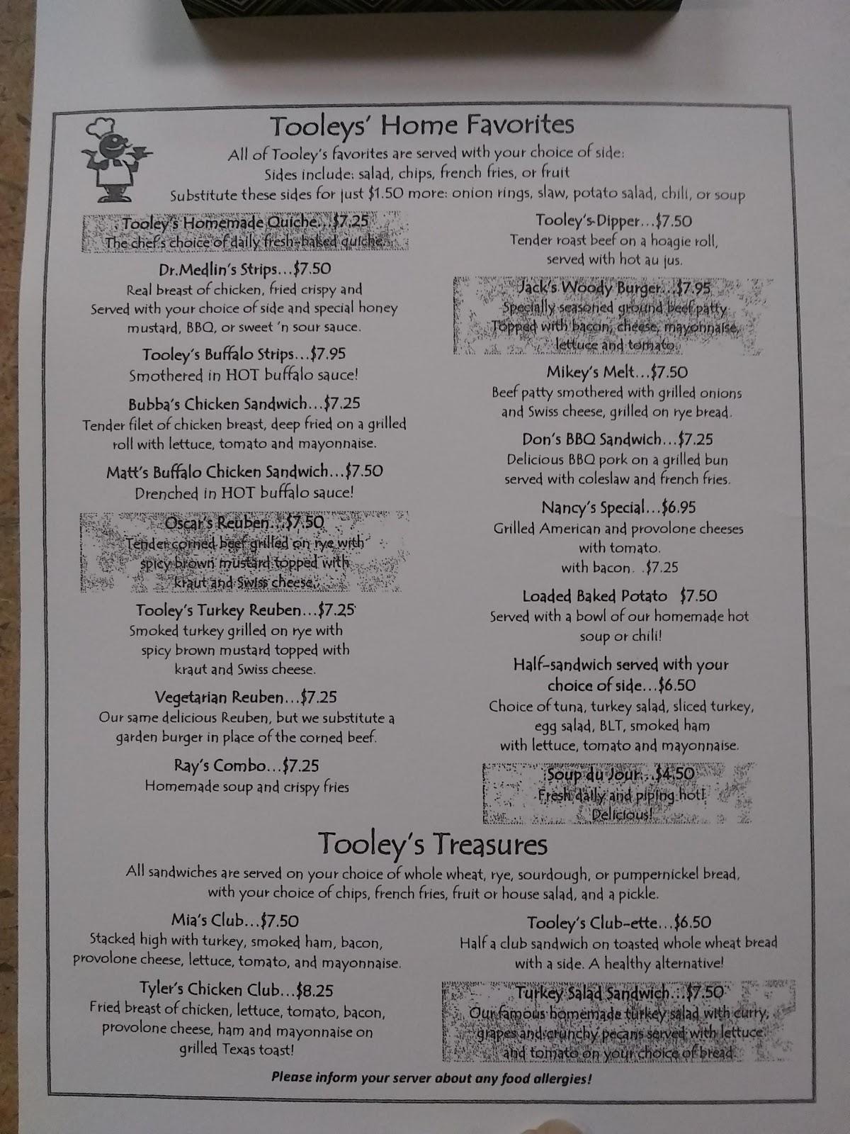 Menu at Tooley's Cafe, Hendersonville