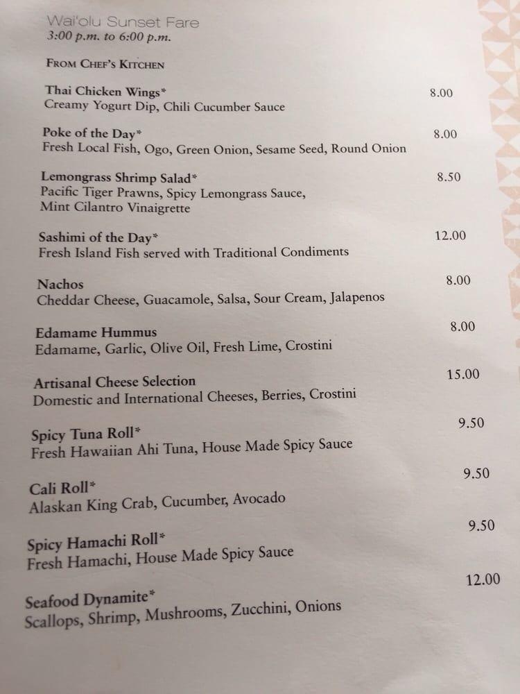 Menu at Wai'olu Ocean Cusine restaurant, Honolulu