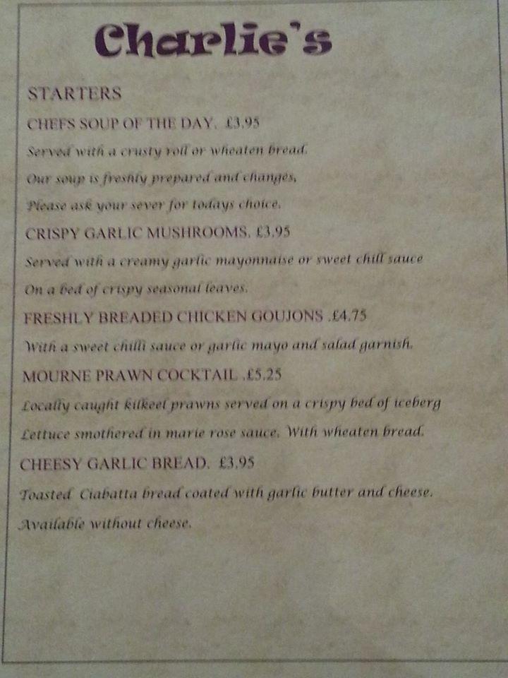 Menu at Charlie's restaurant, Kilkeel