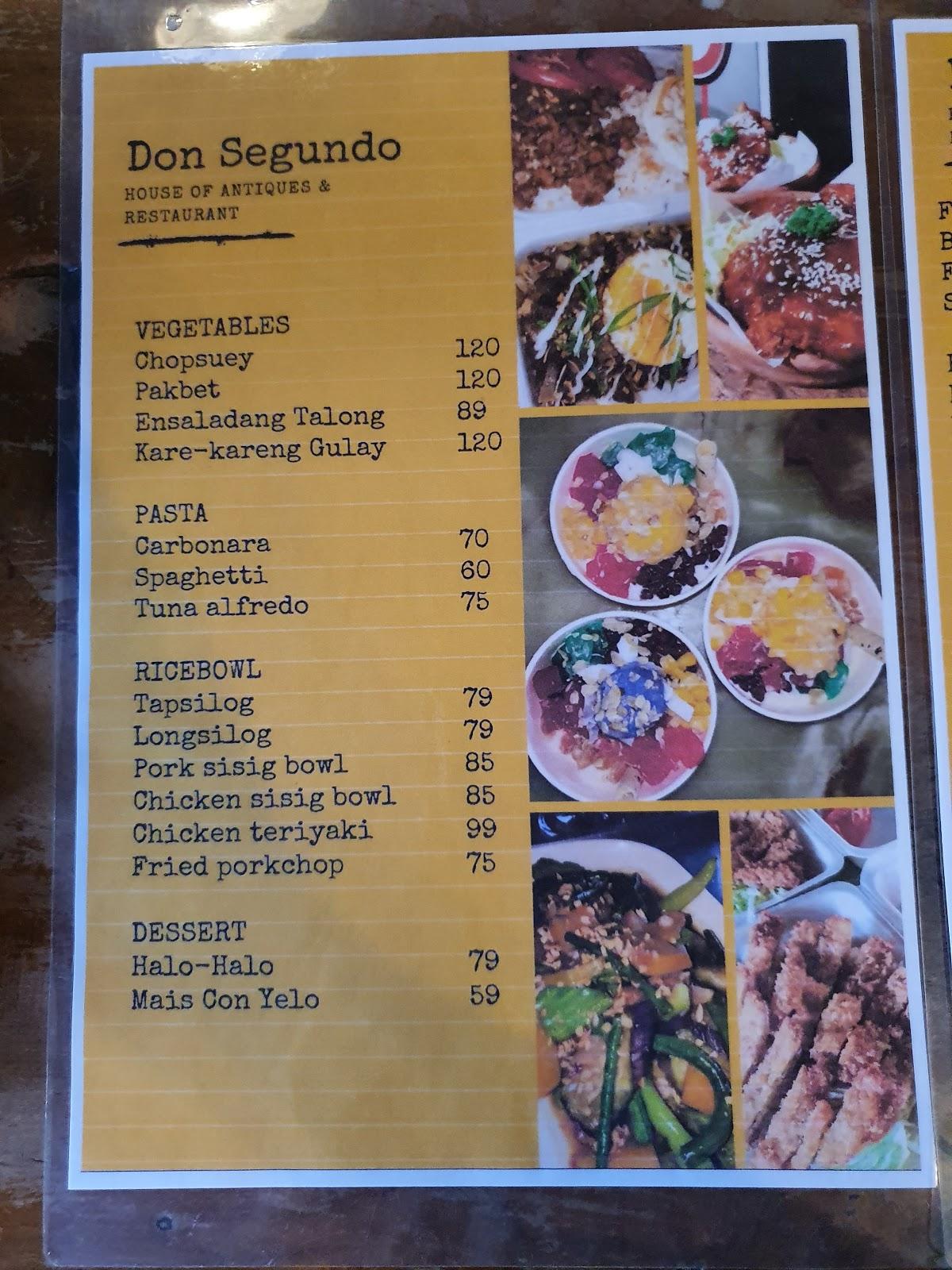 Menu at Don Segundo House of Antiques and Restaurant, Luna