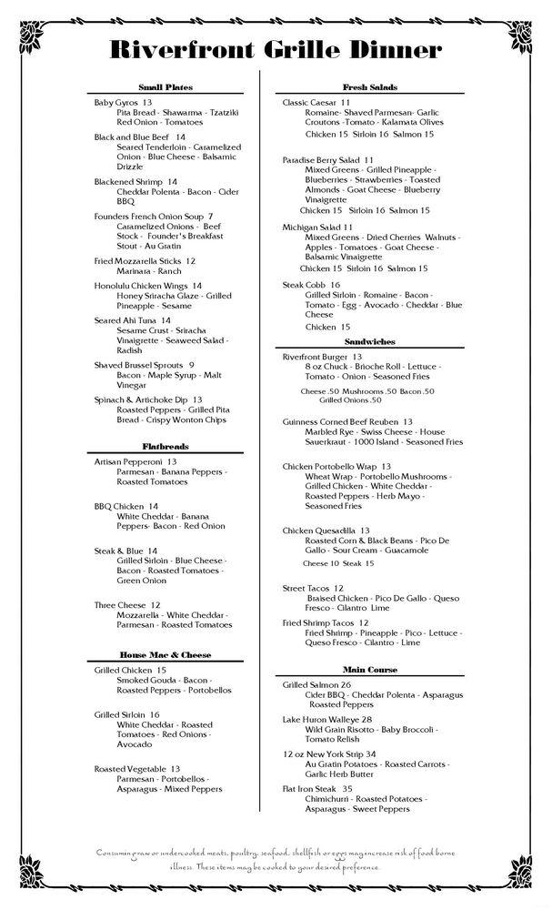 Menu at Riverfront Grille restaurant, Bay City