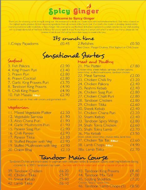 Menu at Spicy Ginger restaurant, Warrington