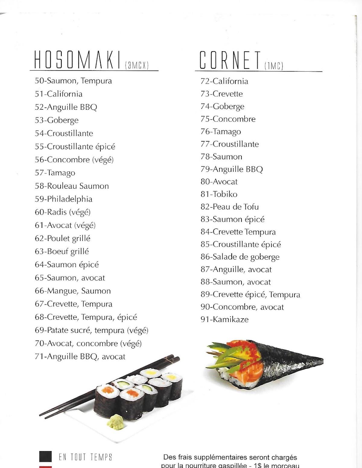 Menu at Sushi Samurai restaurant, Québec City