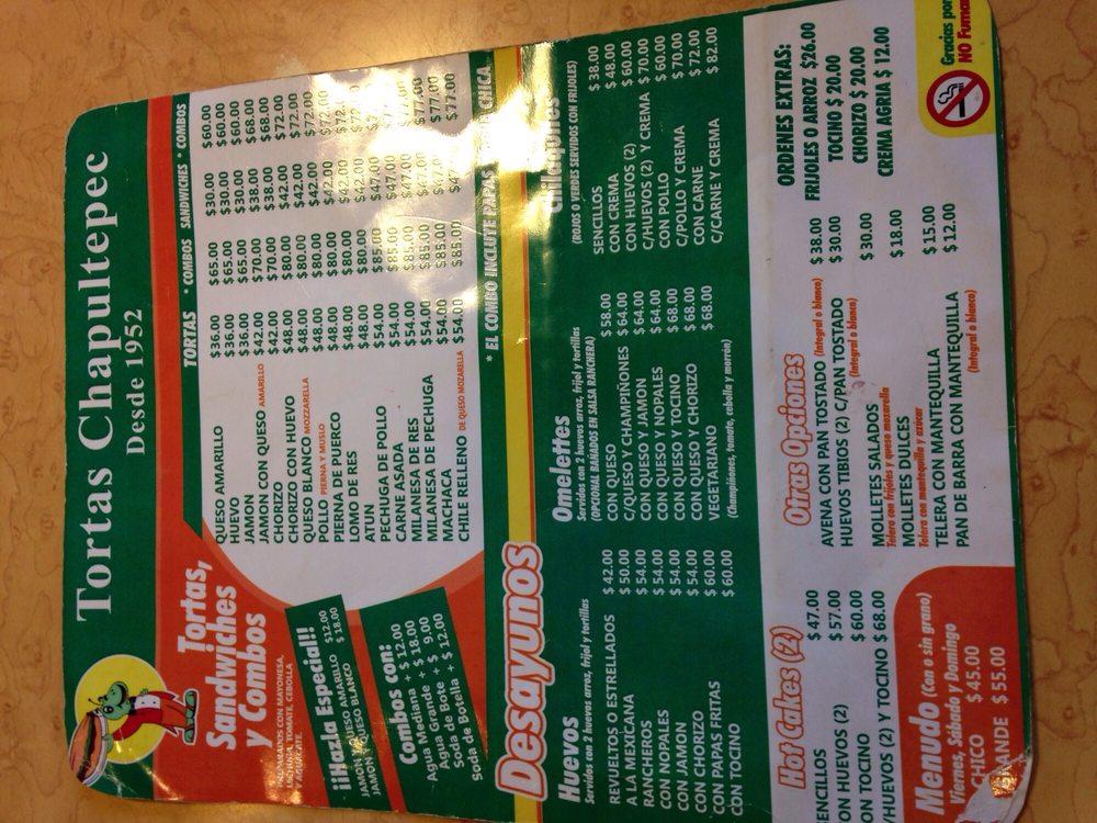 Menu at Tortas Chapultepec fast food, Tijuana, Av Constitución 1248