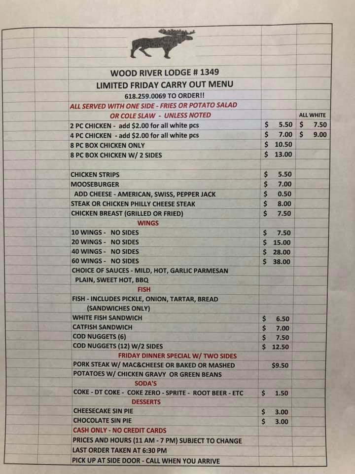 Menu at Wood River Moose Lodge #1349 pub & bar, Wood River