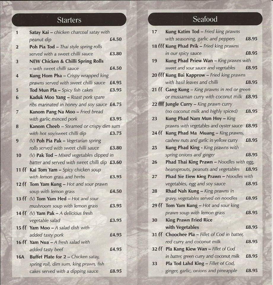 Menu at Y'Thai restaurant, Stokesley