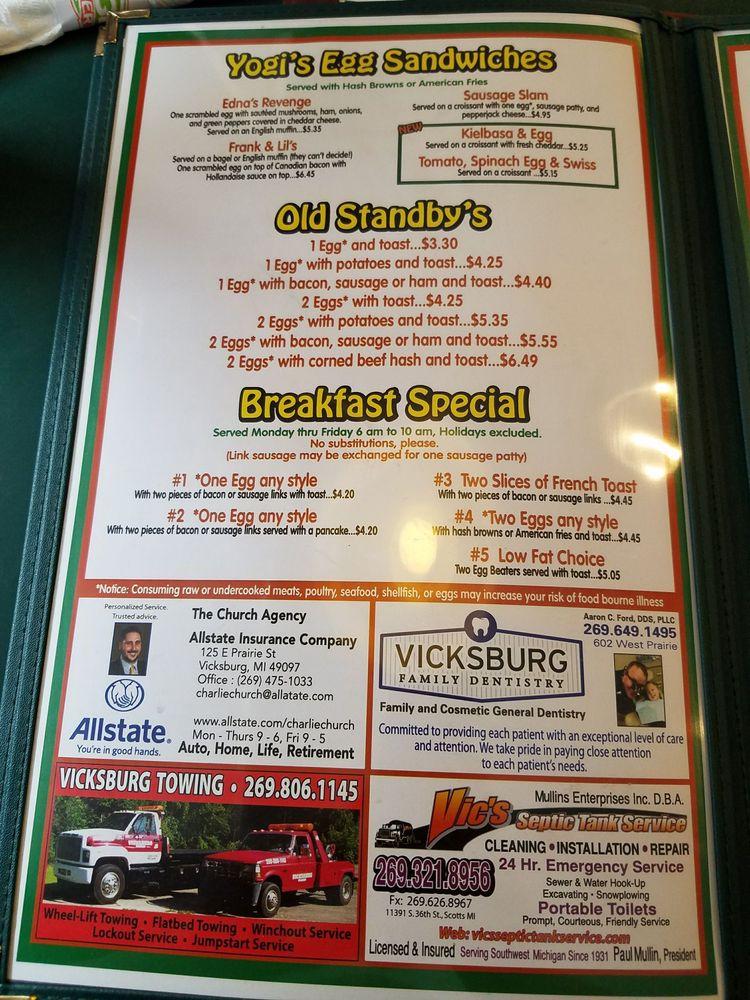 Menu at Yogi's restaurant, Vicksburg