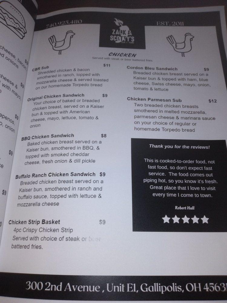 Menu at Zack & Scotty's restaurant, Gallipolis