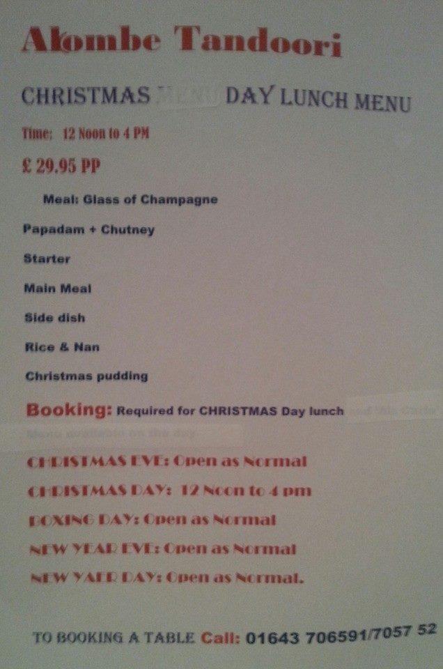 Menu at Alcombe Tandoori restaurant, Minehead
