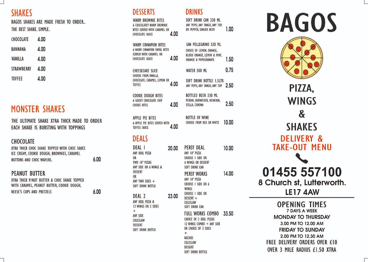 Menu at Bagos Pizza pizzeria, Lutterworth