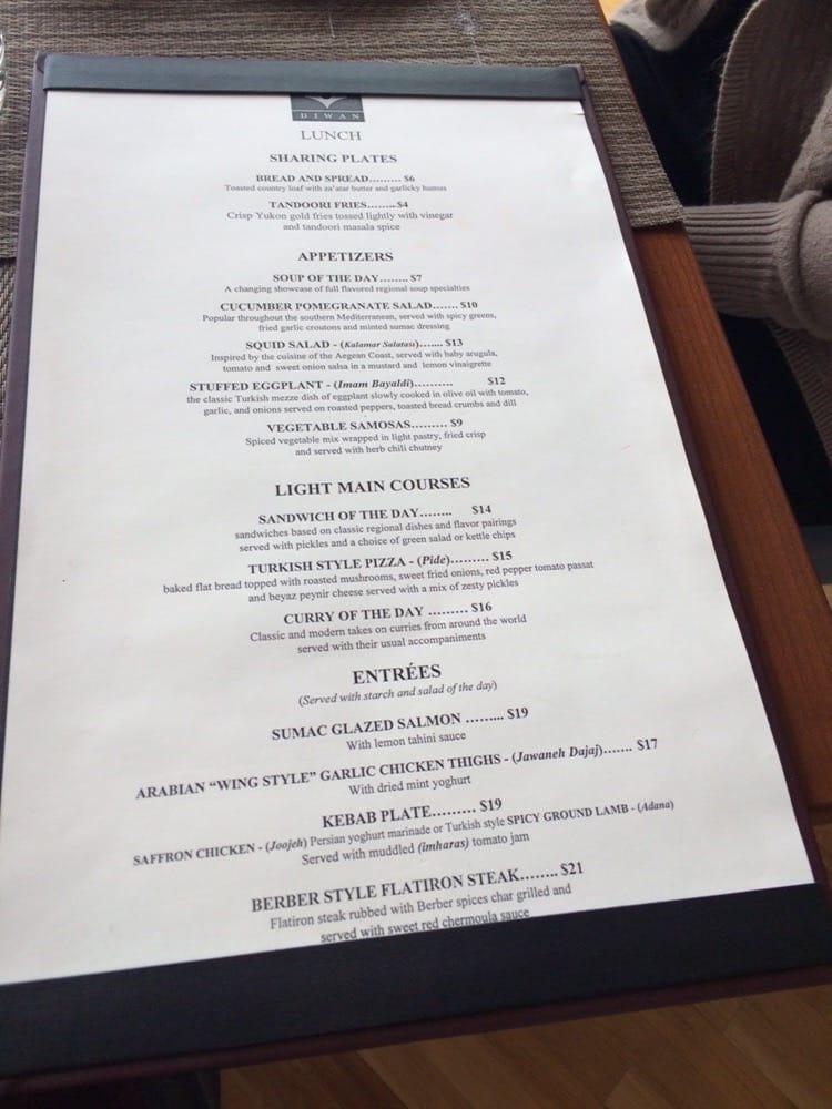 Menu at Diwan restaurant, Toronto, Aga Khan Museum