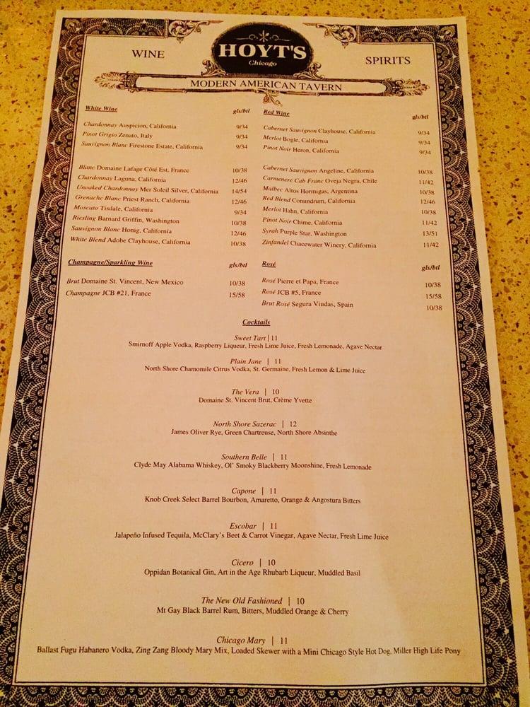 Menu at Hoyt's Chicago restaurant, Chicago
