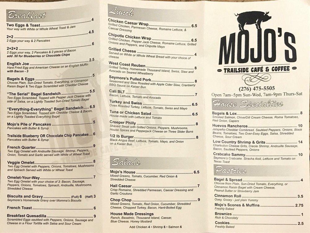 Menu at Mojo's Trailside Cafe & Coffee, Damascus
