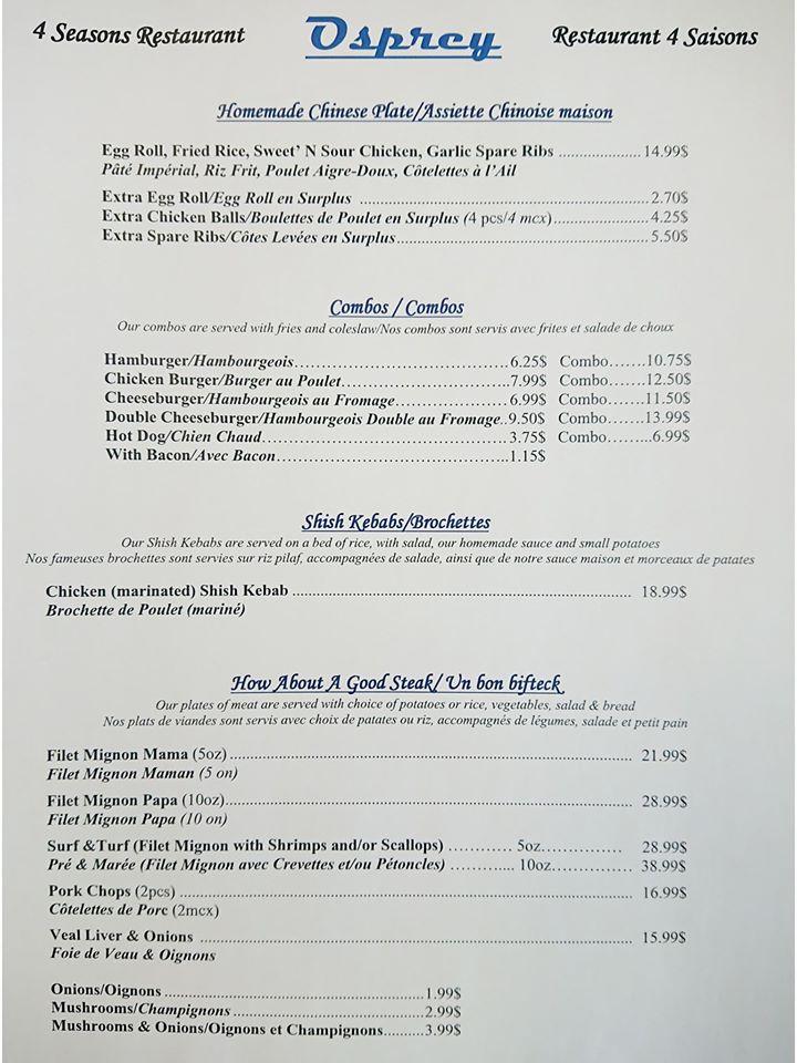 Menu at Osprey 4 Saisons restaurant, Dalhousie