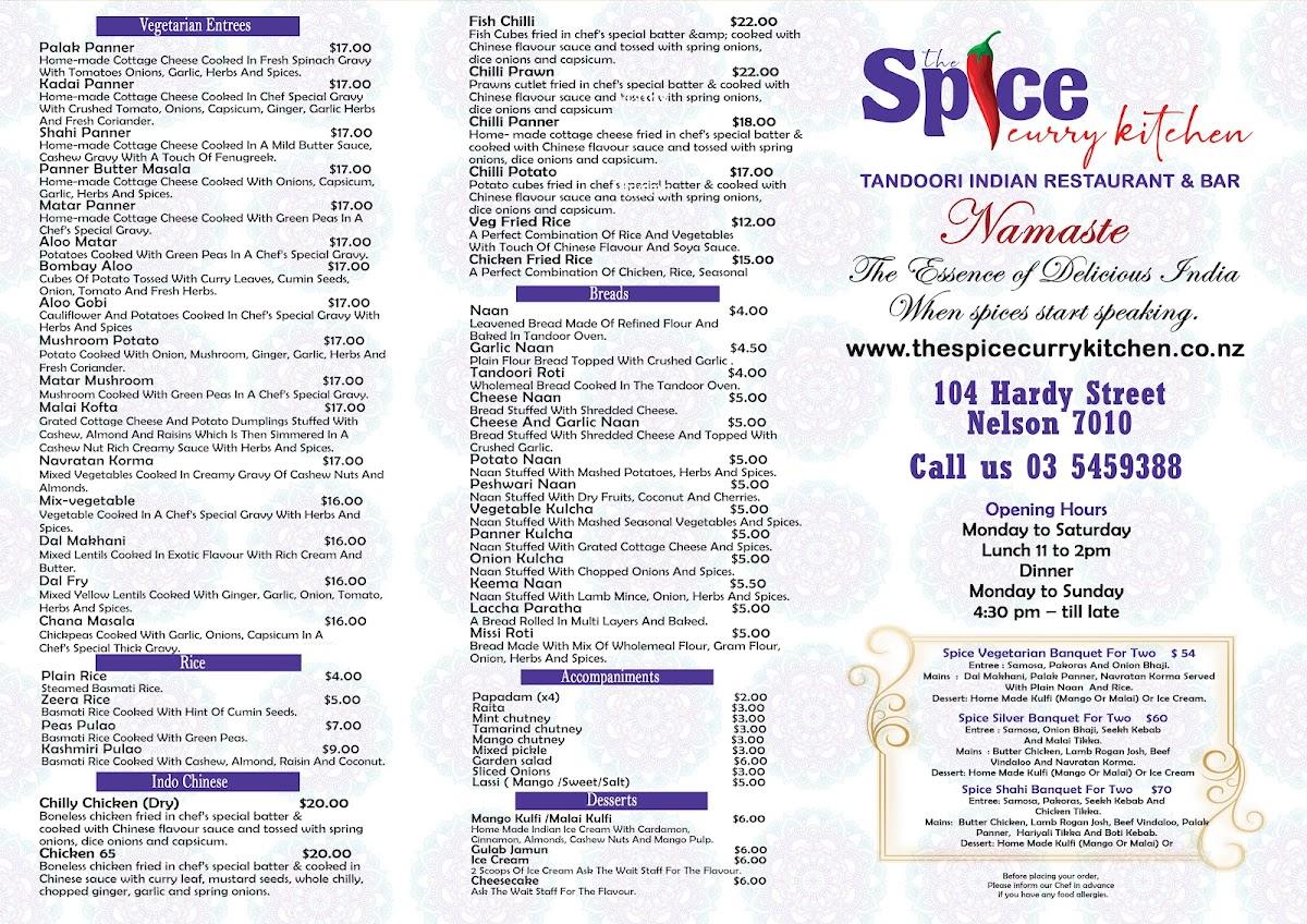 Menu at The Spice Curry Kitchen restaurant, Nelson