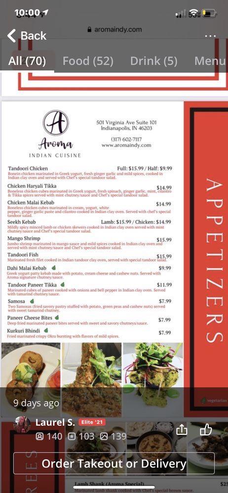 Menu at Aroma Indian Cuisine & Bar, Indianapolis, 501 Virginia Ave