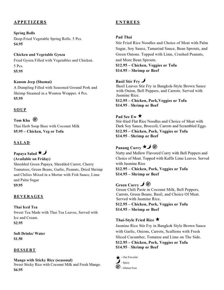 Menu at Bo's Authentic Thai restaurant, Santa Fe