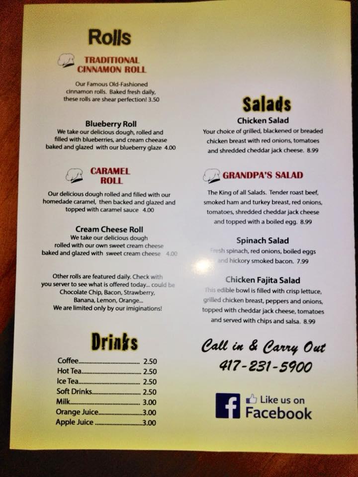 Menu at Grandma's Cafe, Branson, 9 Treasure Lake Dr