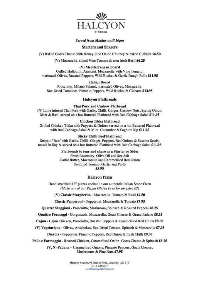 Menu at Halcyon Kitchen restaurant, Leicester