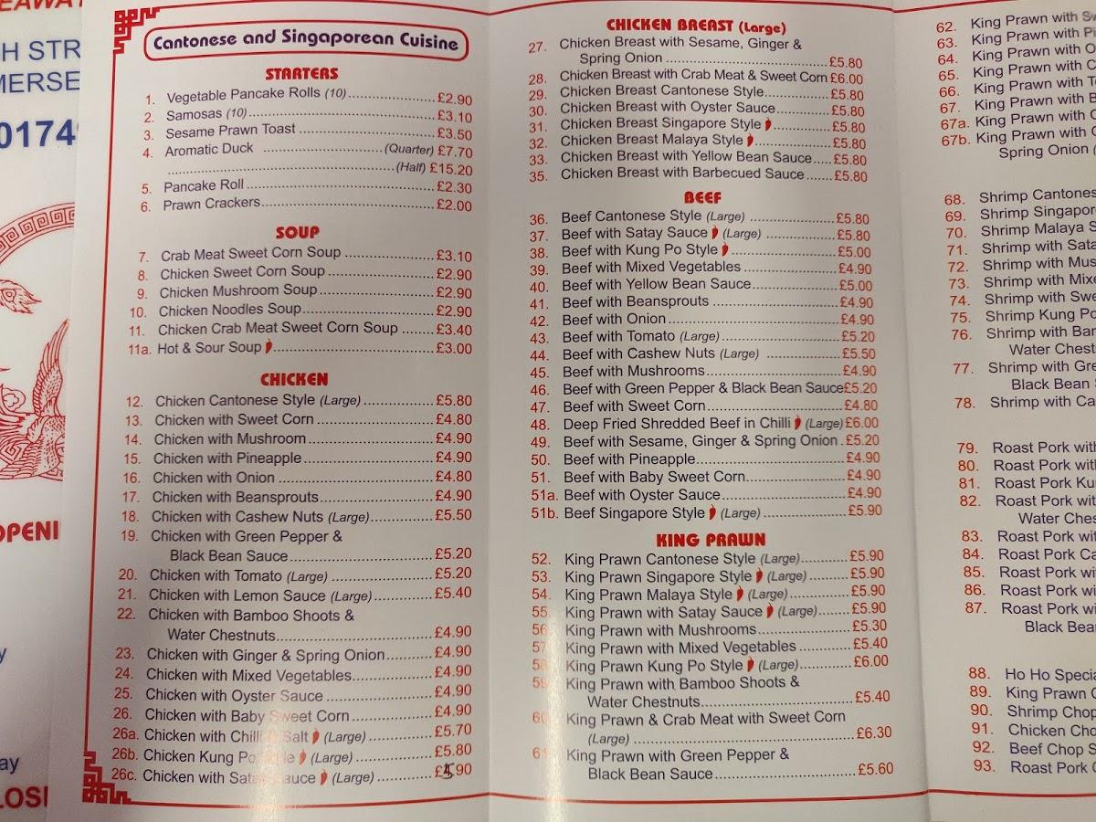 Menu at Ho Ho House fast food, Wells