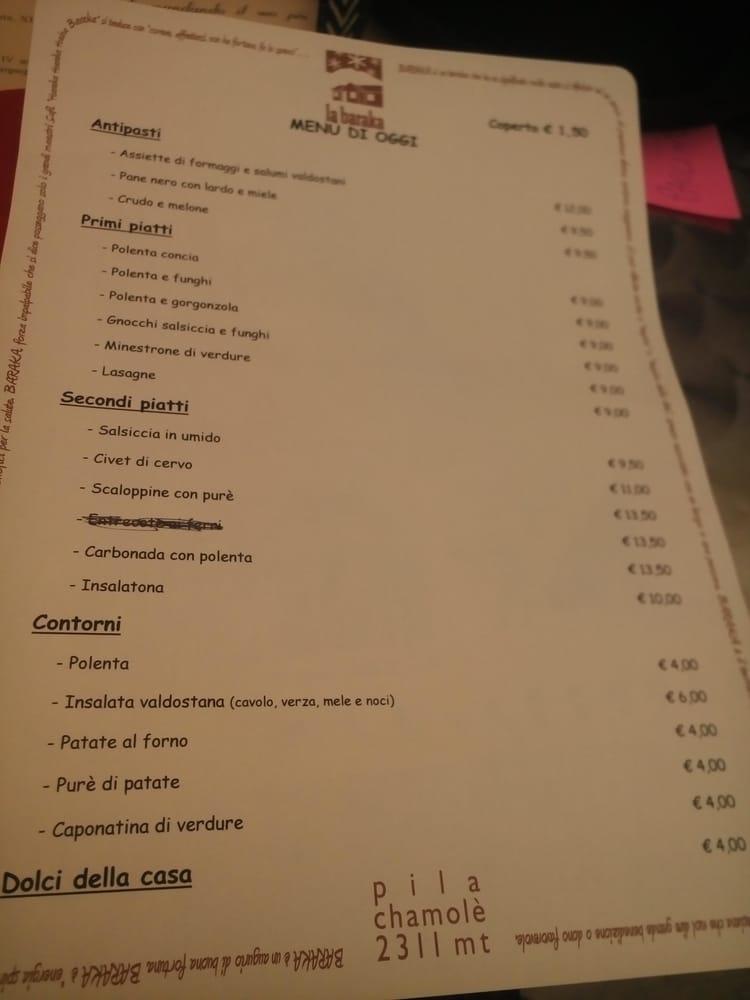 Menu at La Baraka, Pila