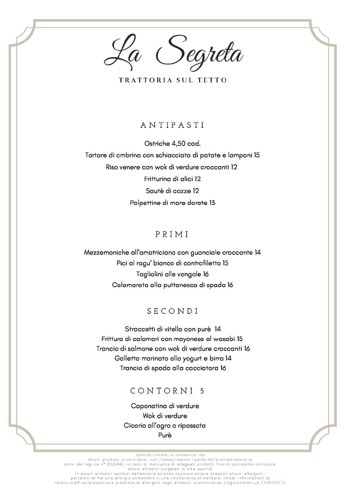 Carta del restaurante La Segreta Roma - Trattoria Sul Tetto, Roma