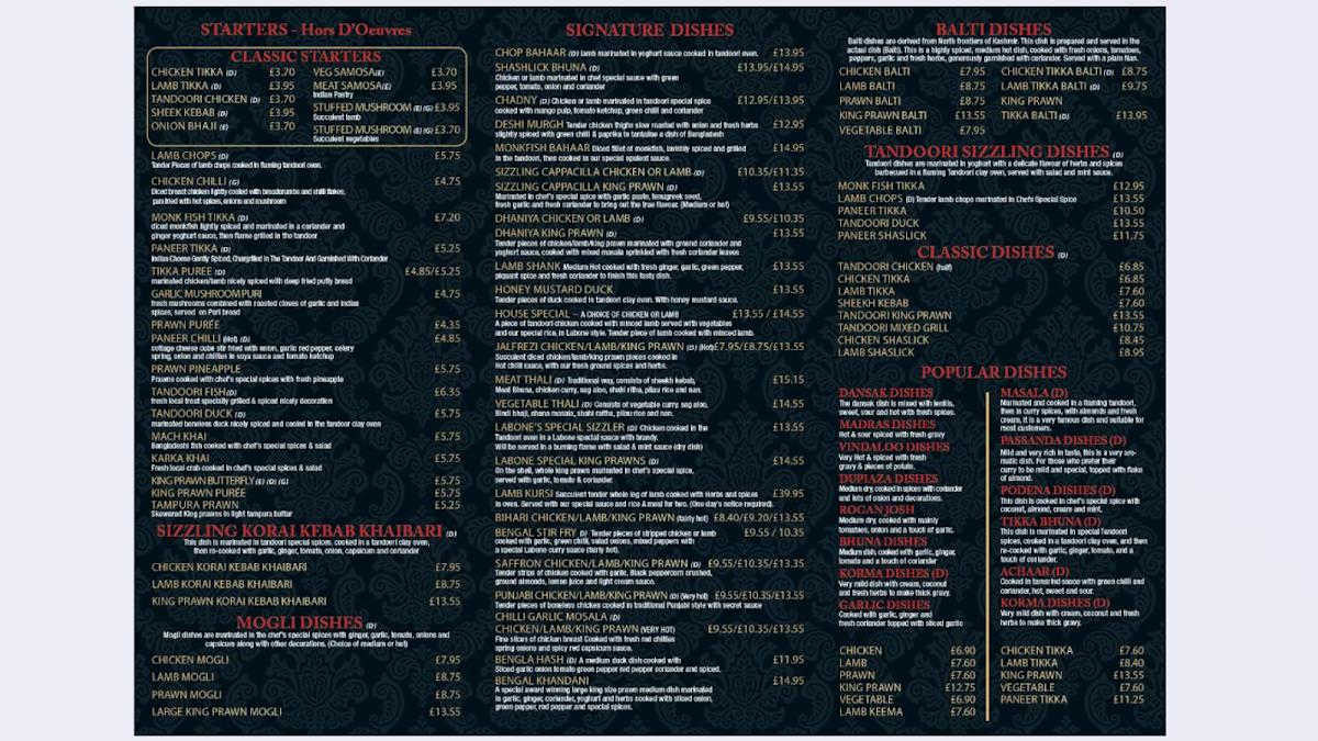Menu at Labone Indian Cuisine North Walsham restaurant, North Walsham ...
