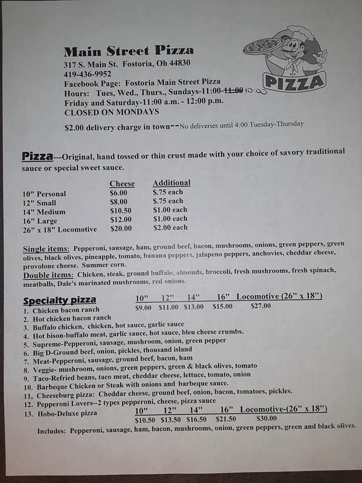 Menu at Main Street Pizza restaurant, Fostoria