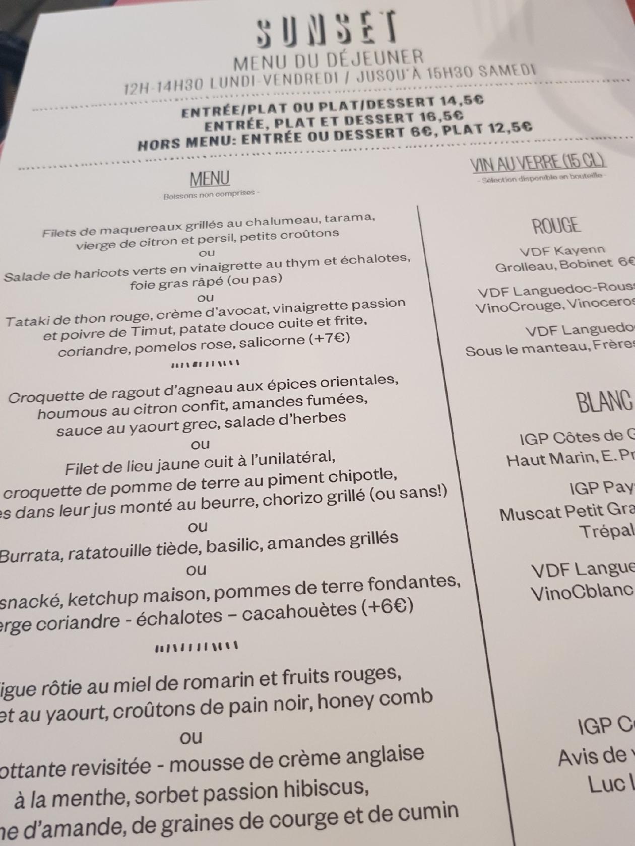 Menu at Sunset pub & bar, Paris, 100 Rue Ordener