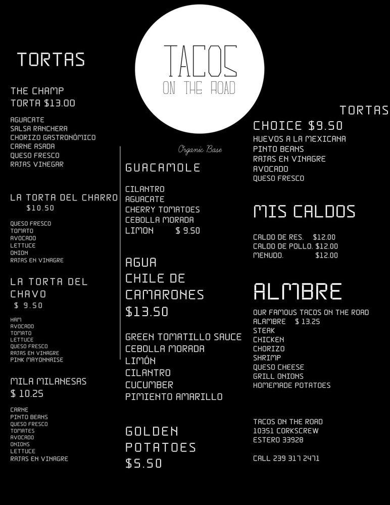 Menu at Tacos On The Road restaurant, Estero