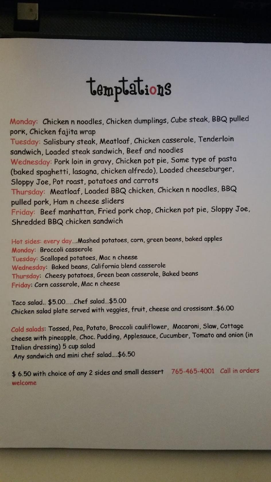 Menu at Temptations restaurant, New Castle, S Memorial Dr