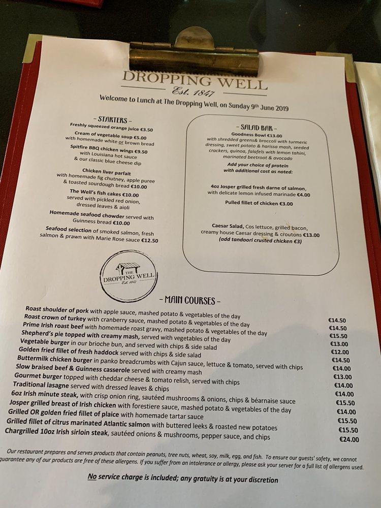 Menu at The Dropping Well pub & bar, Dublin