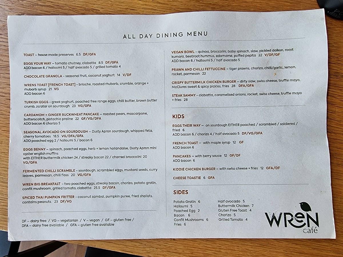 Carta de Wren Cafe, Auckland