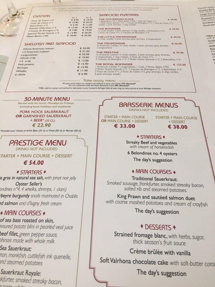 Menu au Bofinger restaurant, Paris, 5-7 Rue de la Bastille