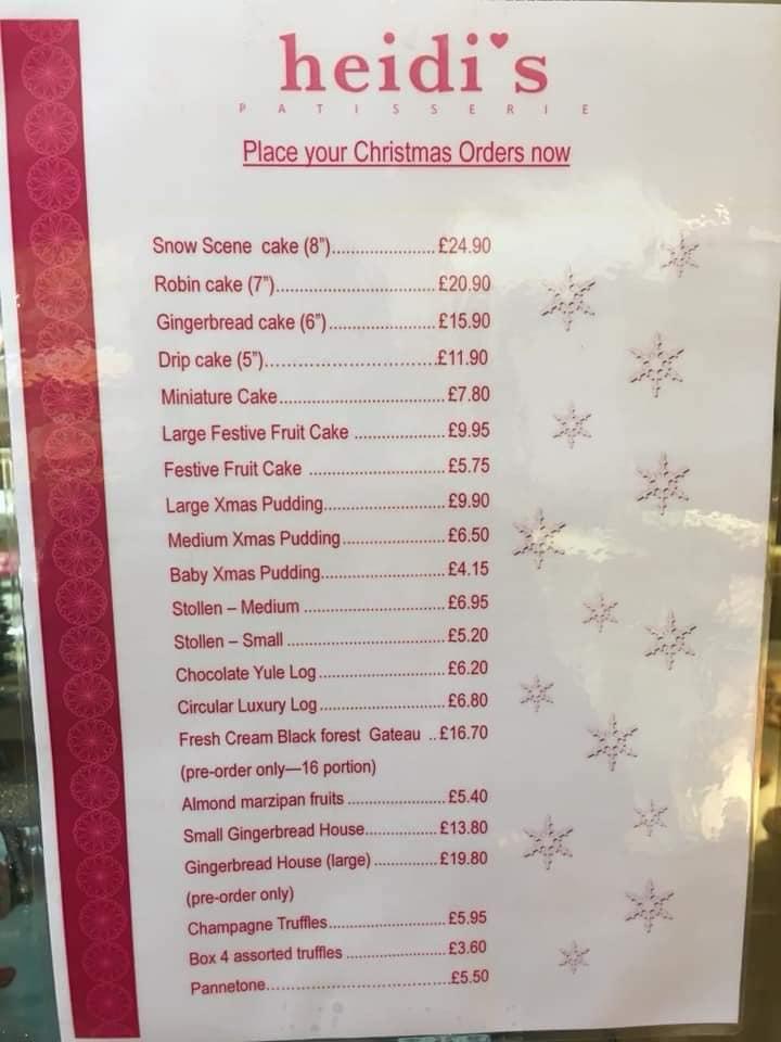 Menu at Heidi's cafe, Emsworth, 37 High St