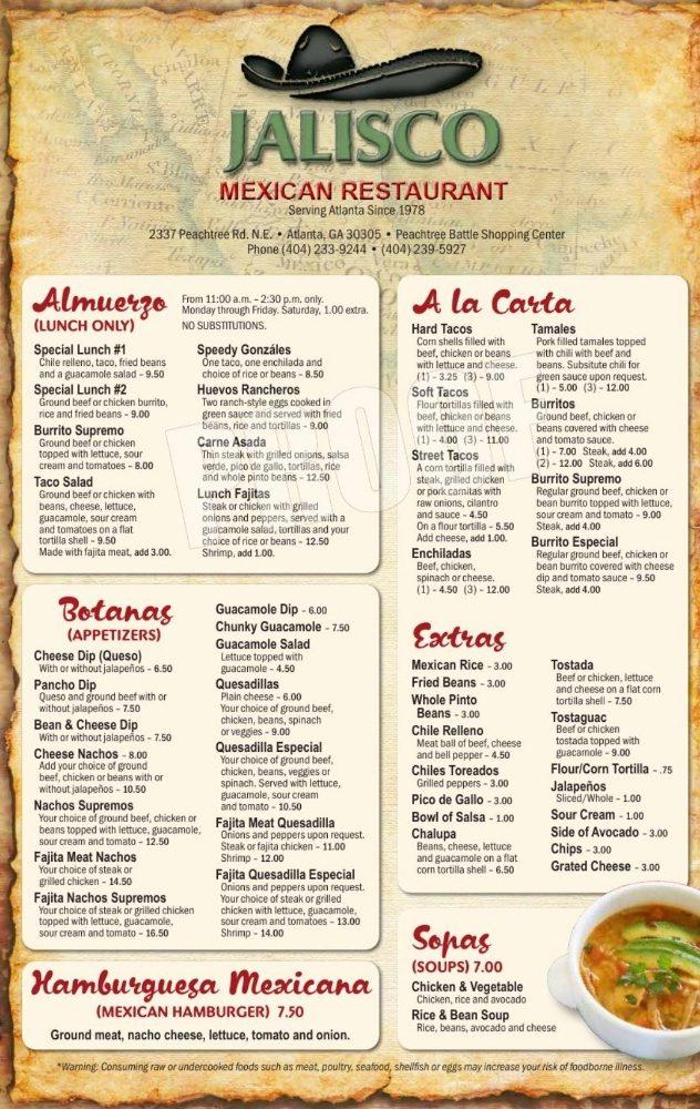 Menu at Jalisco Restaurant, Atlanta, Peachtree St NE