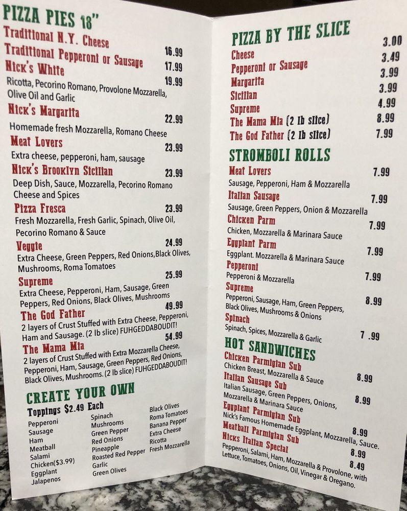Menu at Nick's Slice Of Brooklyn Pizzeria & Bar, Panama City Beach