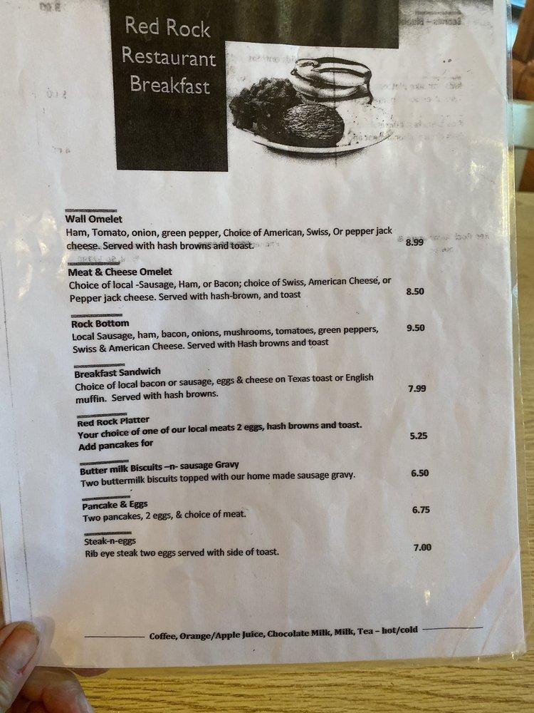 Menu at Red Rock restaurant, Wall