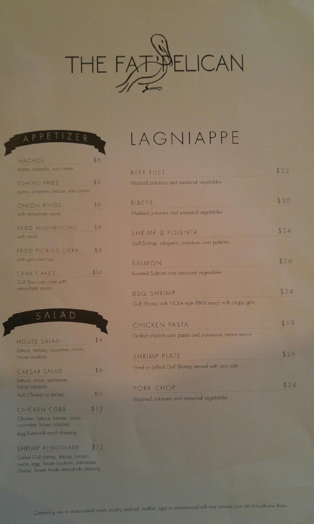 Menu at The Fat Pelican restaurant, Monroe