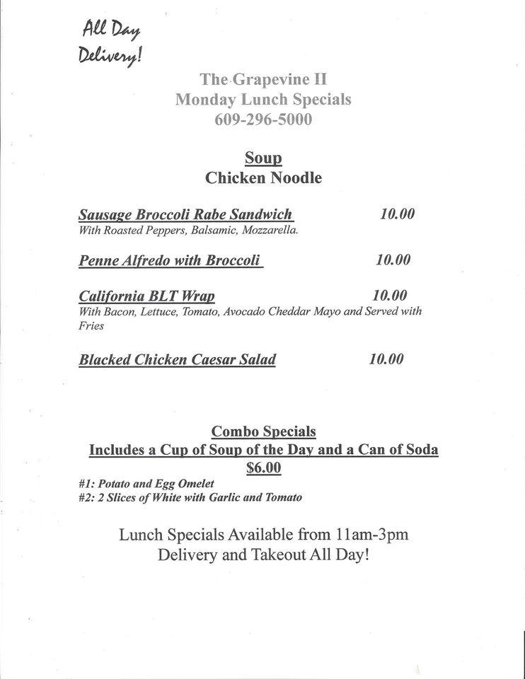 Menu at The Grapevine restaurant, Tuckerton