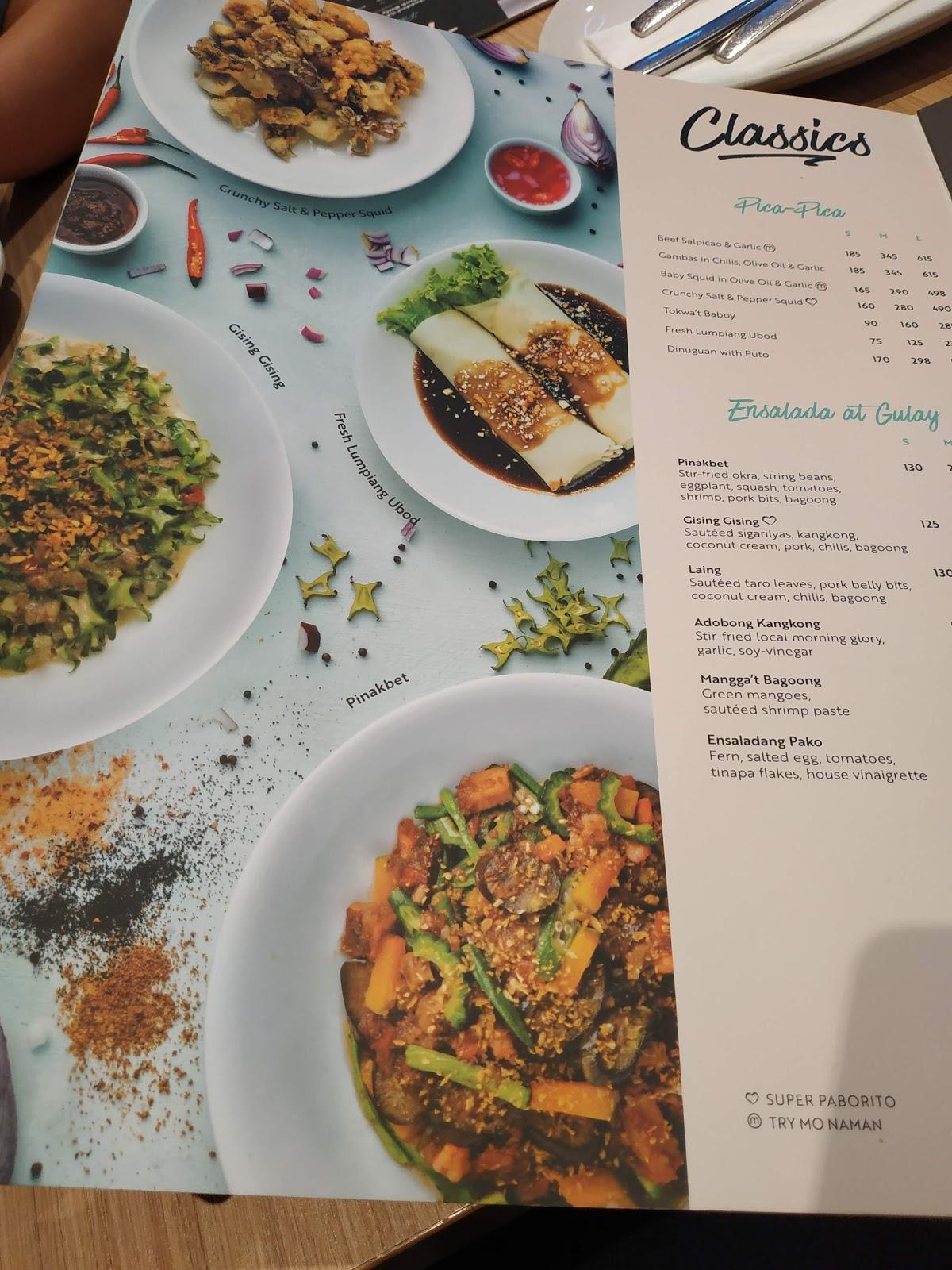 Menu at Manam Comfort Filipino restaurant, Pasay