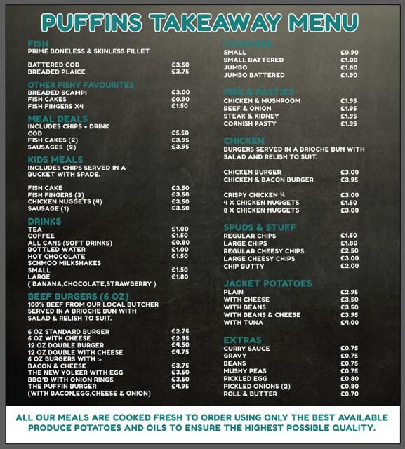 Menu at Puffins fast food, Weston-super-Mare