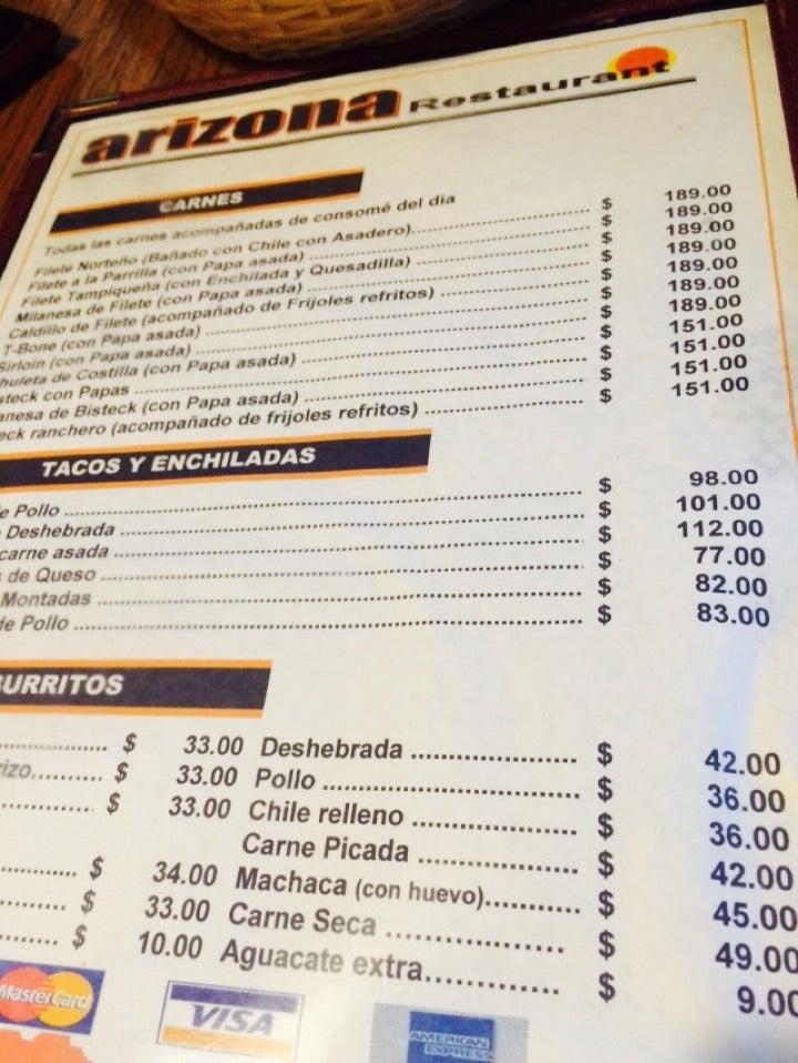 Menu at Restaurant Arizona, Villa Ahumada