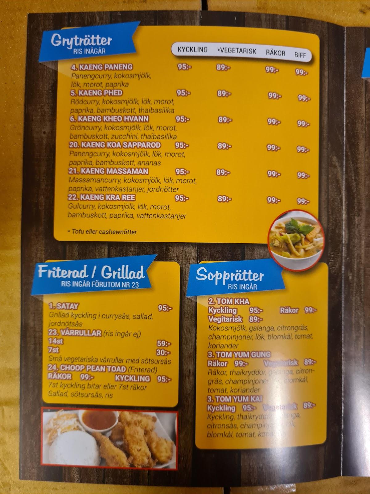 Menu at Thai Tanic take away restaurant, Gothenburg