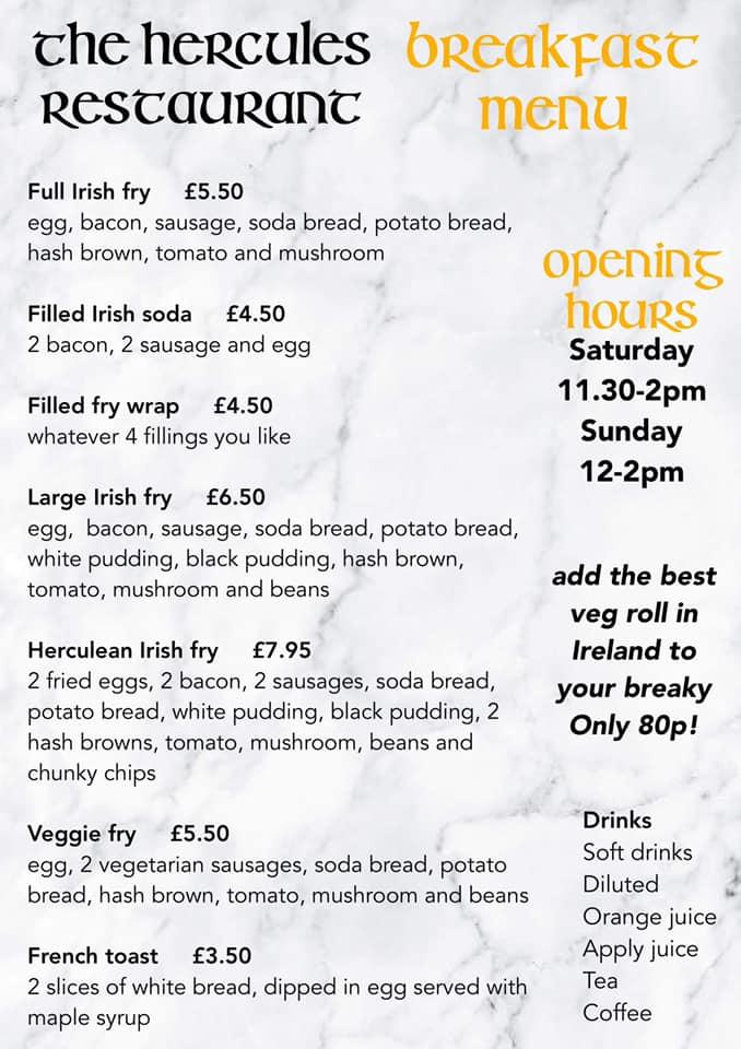 Menu at The Hercules Bar, Belfast