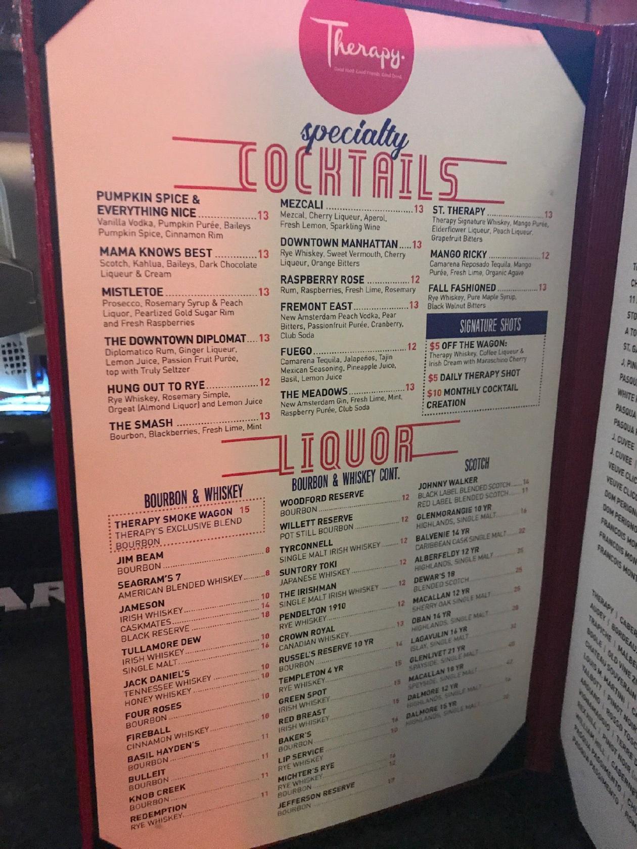 Menu at Therapy pub & bar, Las Vegas