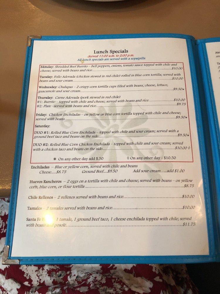 Menu at Tia Sophia's restaurant, Santa Fe