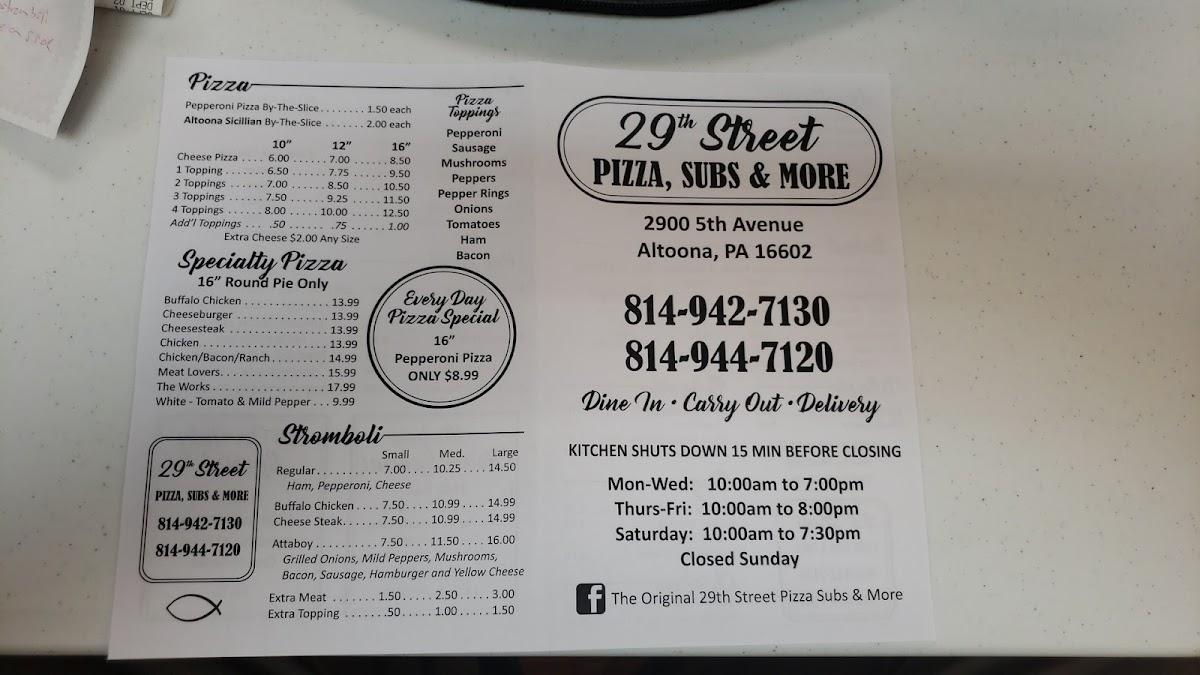 Menu at 29th St Pizza Subs & More pizzeria, Altoona